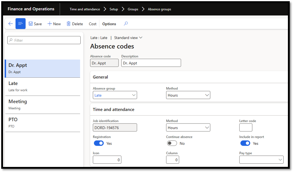 Using Absence Codes in D365 Finance for late clock-in